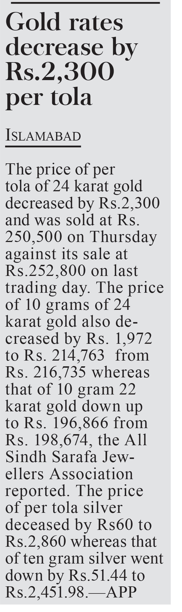 Epaper - Pakistan Observer | Gold rates decrease by Rs.2,300 per tola