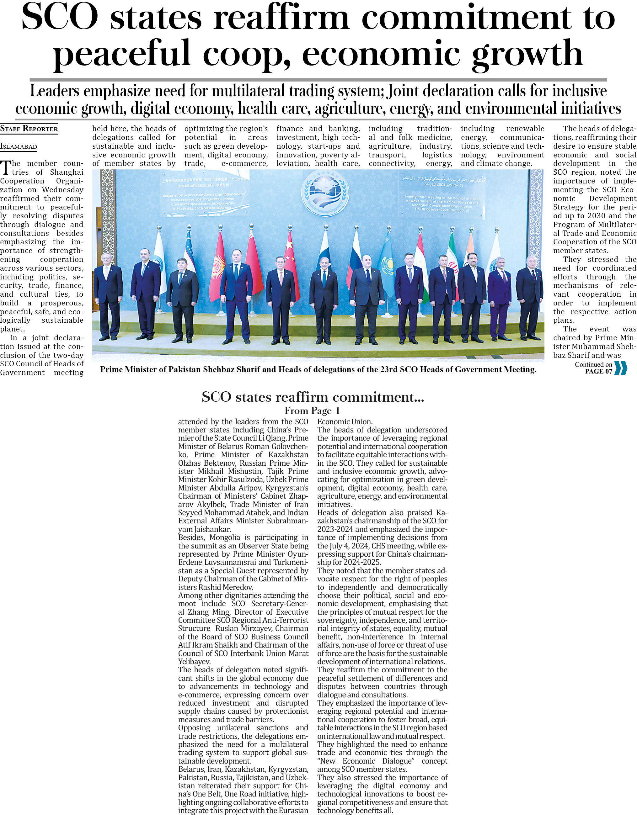 Epaper - Pakistan Observer | SCO states reaffirm commitment to peaceful ...
