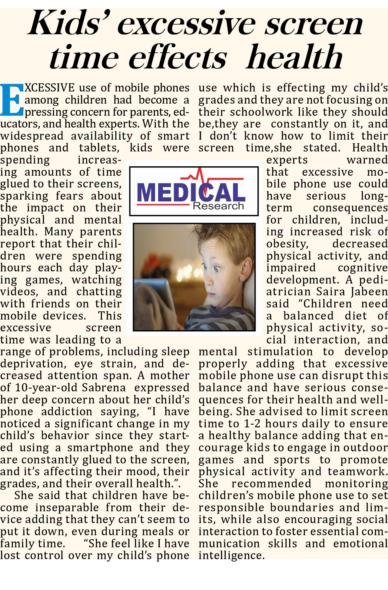 Epaper - Pakistan Observer | Kids’ excessive screen time effects health