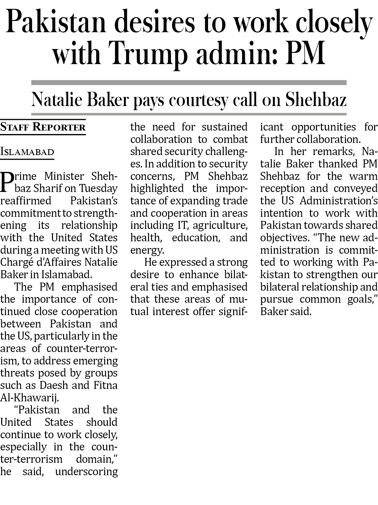 Epaper - Pakistan Observer | Pakistan desires to work closely with Trump admin: PM