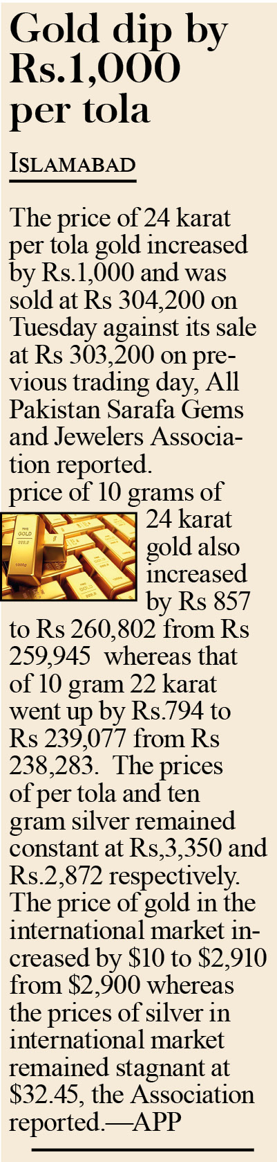 Epaper - Pakistan Observer | Gold dip by Rs.1,000 per tola