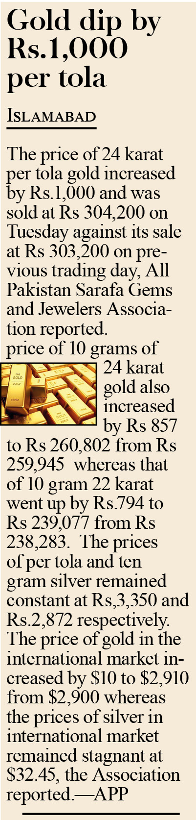 Epaper - Pakistan Observer | Gold dip by Rs.1,000 per tola