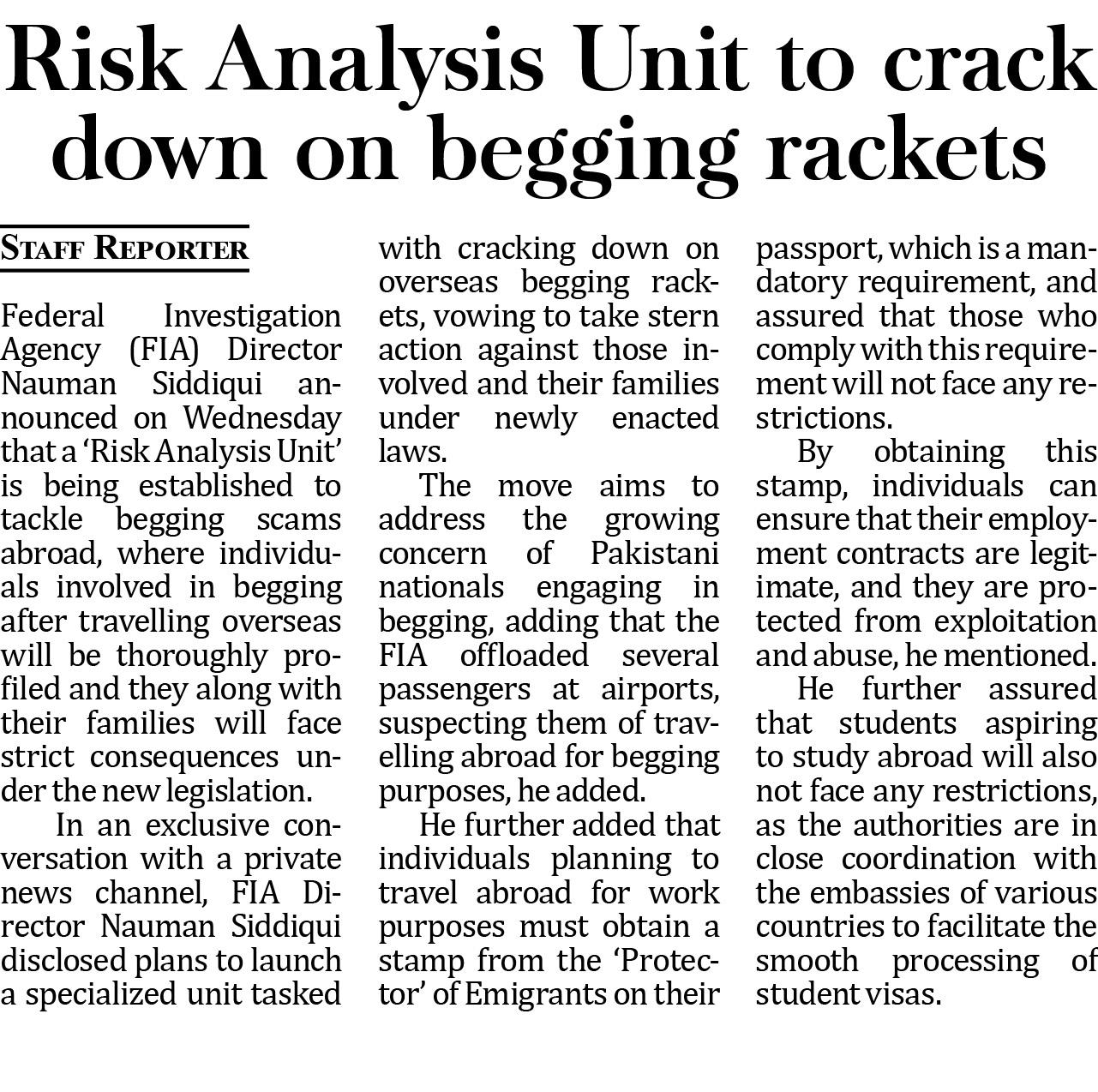 Epaper - Pakistan Observer | Risk Analysis Unit to crack down on ...