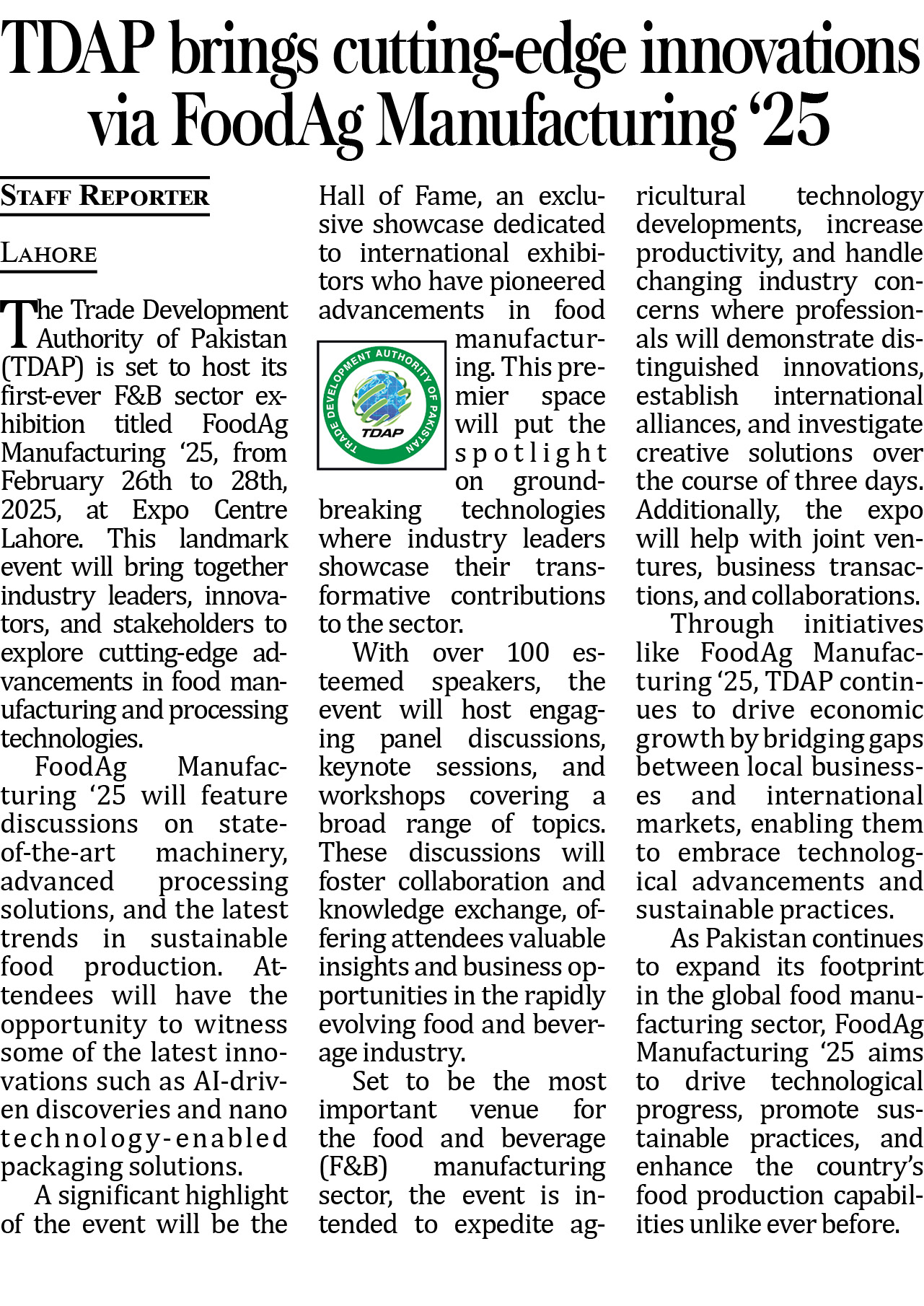 Epaper - Pakistan Observer | TDAP brings cutting-edge innovations via FoodAg Manufacturing ‘25